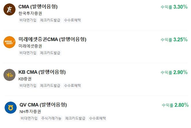CMA 금리비교 발행어음형 (한국투자증권, 미래에셋증권, KB증권 KB able CMA, NH투자증권 QV CMA) - 금융,개발 > 모이라이벤트